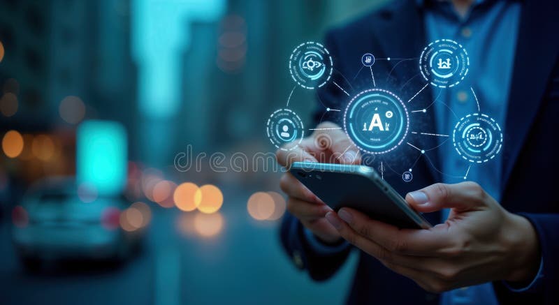 Businessman Uses Smartphone with Virtual AI Interface. Modern Tech ...