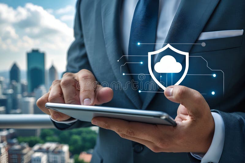 Businessman Using Tablet with Cloud Security Shield Overlay Against Cityscape Stock Illustration ...