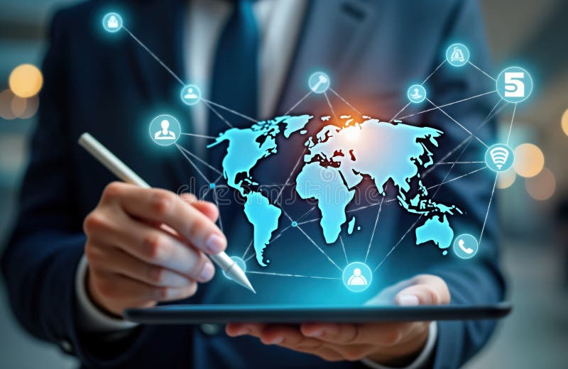 Businessman Uses Tablet Displaying Global Network Connection. Virtual ...