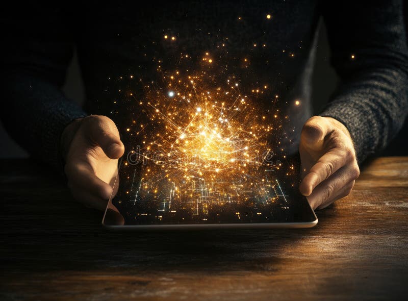 Man Using Tablet Displaying Digital Network Connection Stock ...