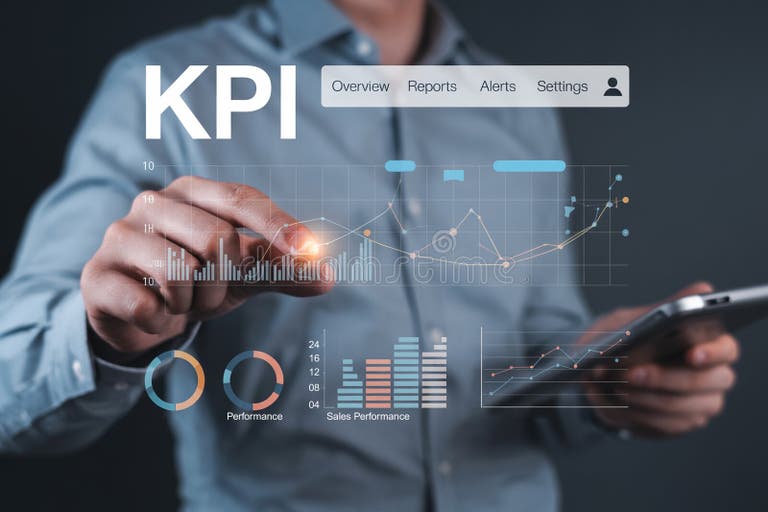 Businessman Analyzing Kpi Performance Data on Holographic Display with ...
