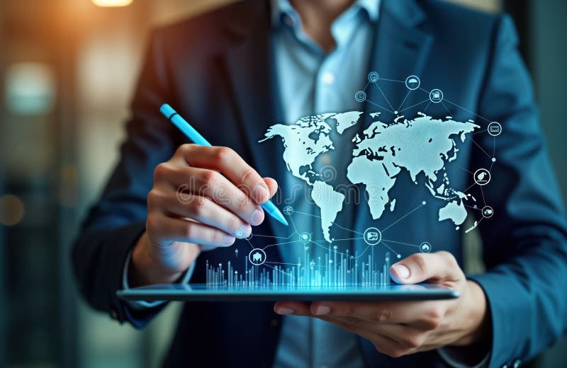 Businessman Uses Tablet To Interact with Global Network Data. Virtual ...