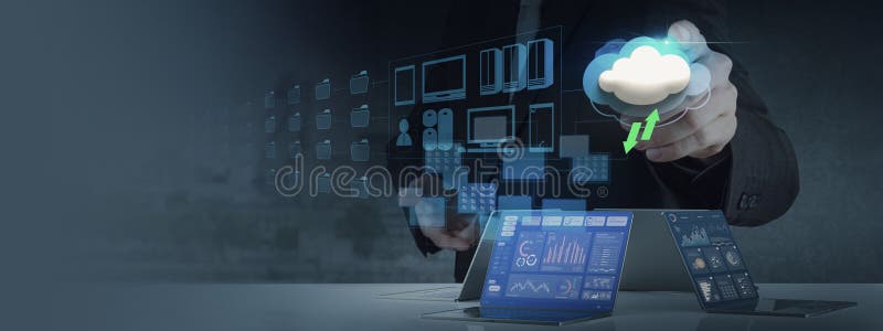 A Businessman Uses a Touch Interface To Interact with Cloud Computing ...