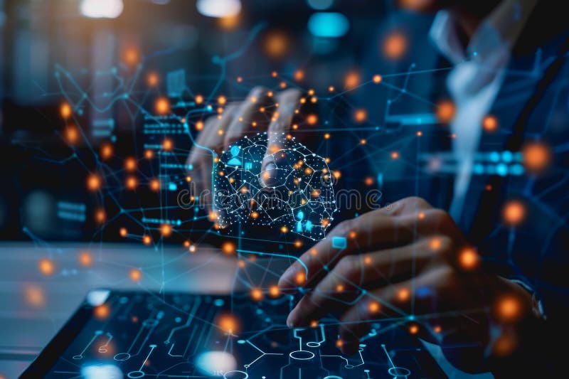 A Businessman Uses a Touch To Interact with a Neural Network Abstract ...