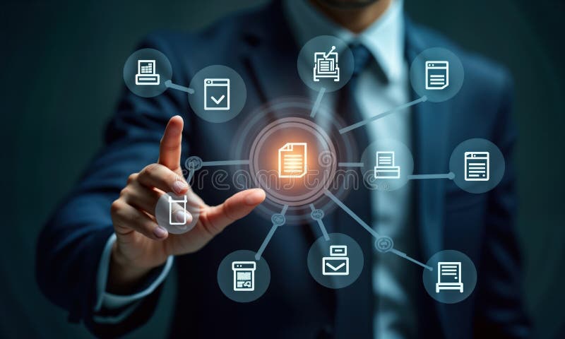 Businessman Uses Visual Screen To Manage Documents. Interactive Digital ...