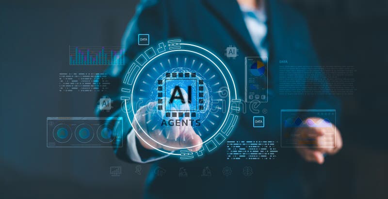 Businessman Using AI Agents with Futuristic Data Interface. Artificial ...