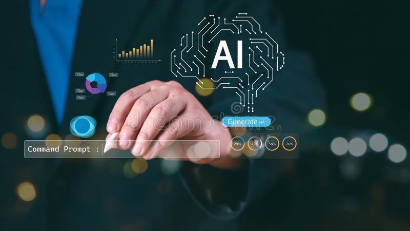 Businessman Using AI Technology for Automatic Data Analysis and Visualization with Command ...