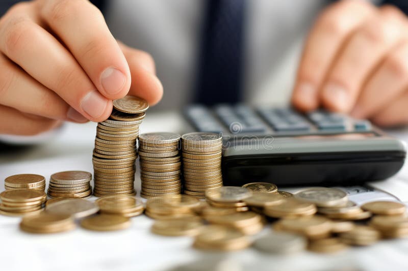 A Businessman Using a Calculator To Count Down a Stack of Coins. Stock ...