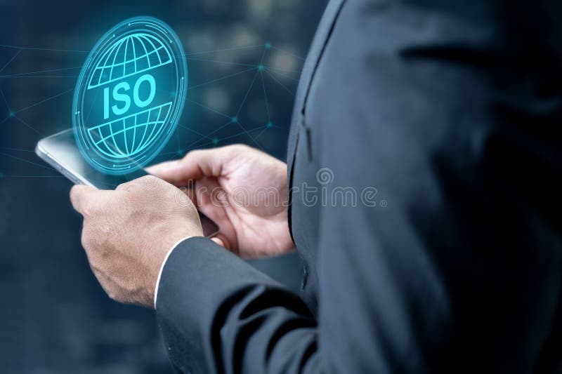 Businessman Using a Cellphone with an Icon of a Globe with ISO Text ...