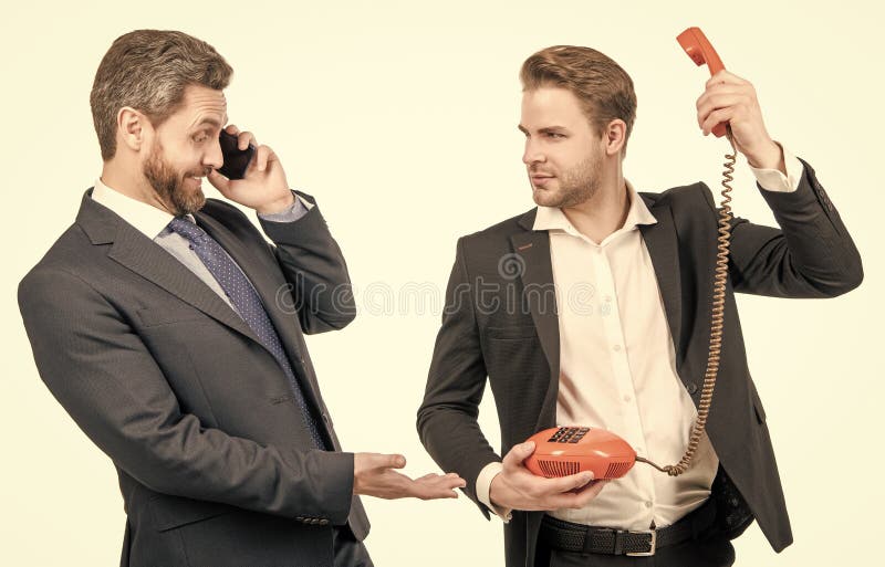Businessman Using Cellphone Look at Man with Telephone. Mobile and ...