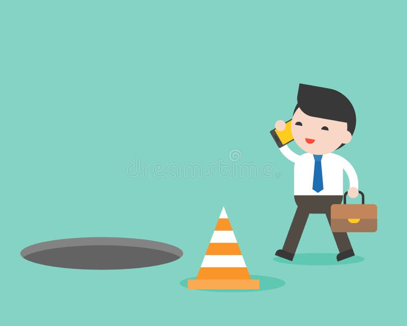 Businessman Using Cellphone while Walking and Open Manhole on Footpath ...