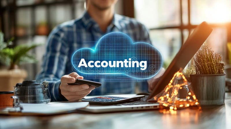 Businessman Using Cloud Accounting Software, Modern Office Setting, Financial Technology Concept ...
