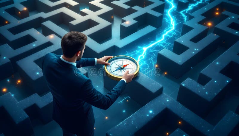 Businessman Using Compass in Maze Navigating Challenge Stock ...