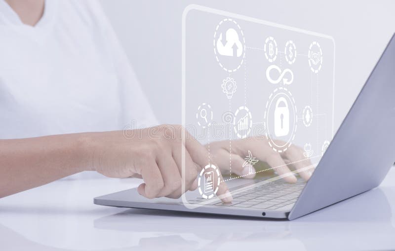 Businessman Using a Computer with Cloud Computing Diagram Show Graphic Iconon for Security Lock ...