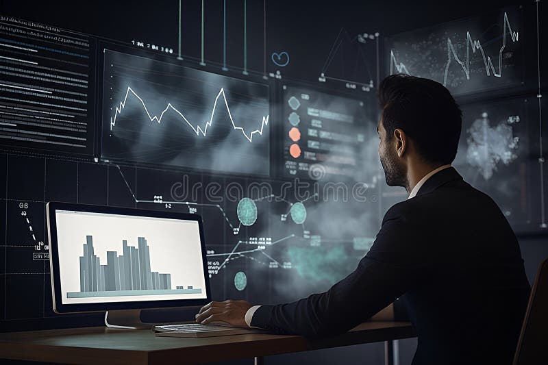 Businessman Using a Computer with Graph Growth Analysis on Virtual ...