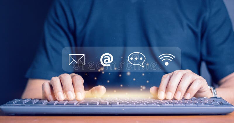 Businessman Using Computer Keyboard with the Email, Call Phone, Address ...
