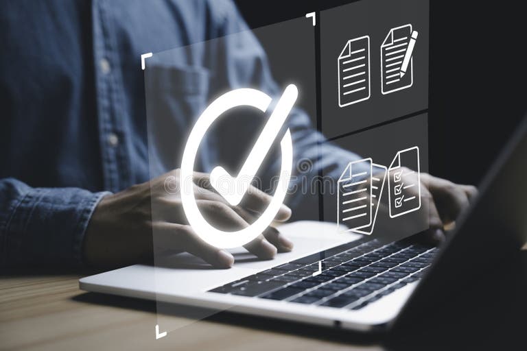 Businessman Using Computer Laptop with Correct Sign Mark and Document ...