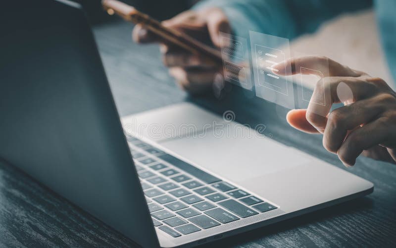 Businessman Using Computer Laptop on E Document on Digital Tablet , E ...