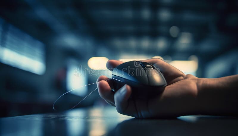 Businessman Using Computer Mouse on Dark Desk, Scrolling and Typing ...