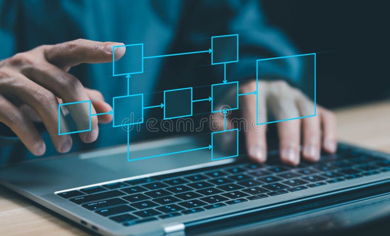 Businessman Using Computer Show Organigram or Diagram Algorithm Flow To ...