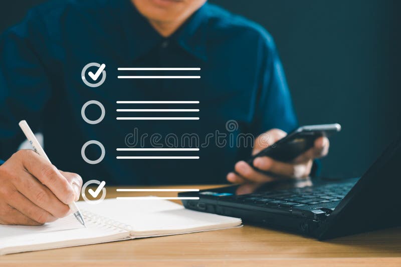 Businessman Using Computer To Take Survey, Online Checklist, Fill Out ...