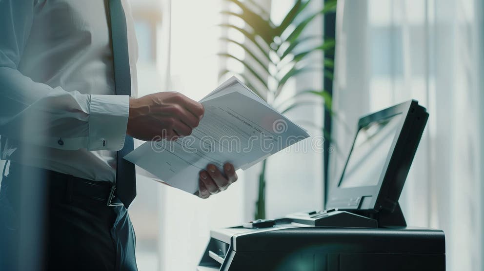 Businessman Using Copy Machine in Office Environment Stock Illustration ...