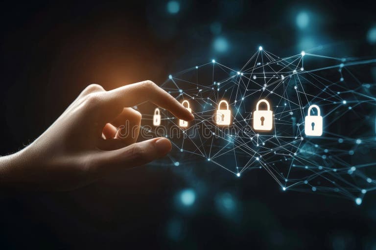 Businessman Using Creative Encrypted Code Hologram on Blurry Office ...