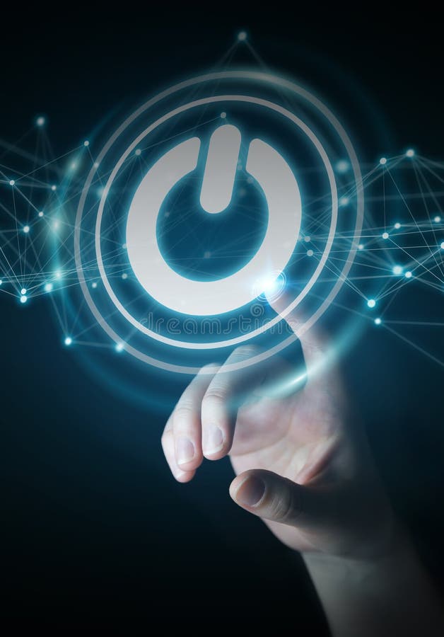 Businessman Using 3D Render Power Button with Connections Stock ...