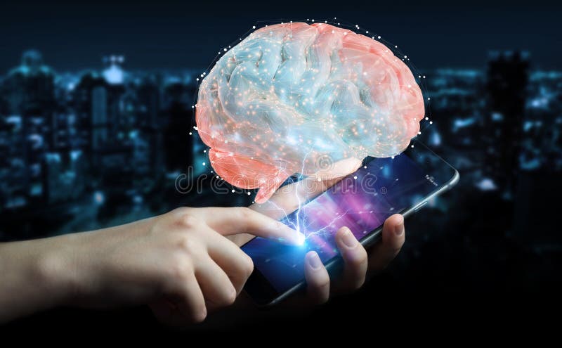 Businessman Using Digital 3D Projection of a Human Brain 3D Rend Stock ...