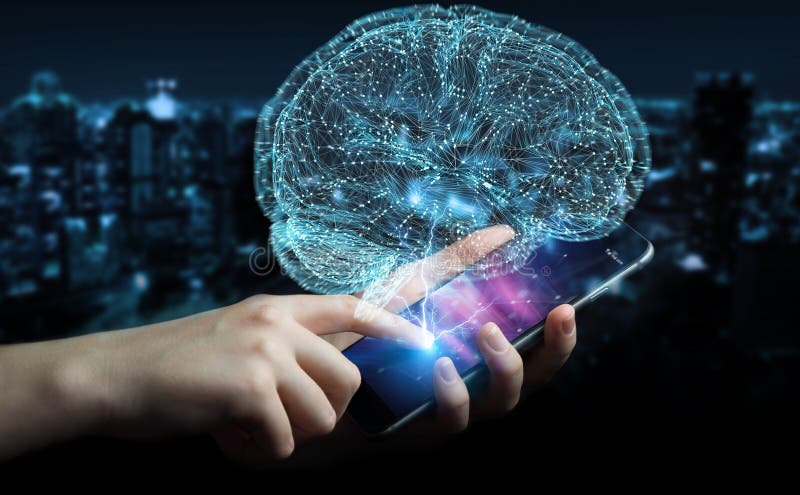 Businessman Using Digital 3D Projection of a Human Brain 3D Rend Stock ...