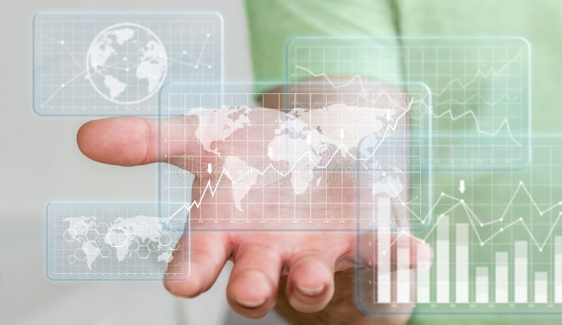 Businessman Using Digital Flying Charts and Bars Interface Stock ...