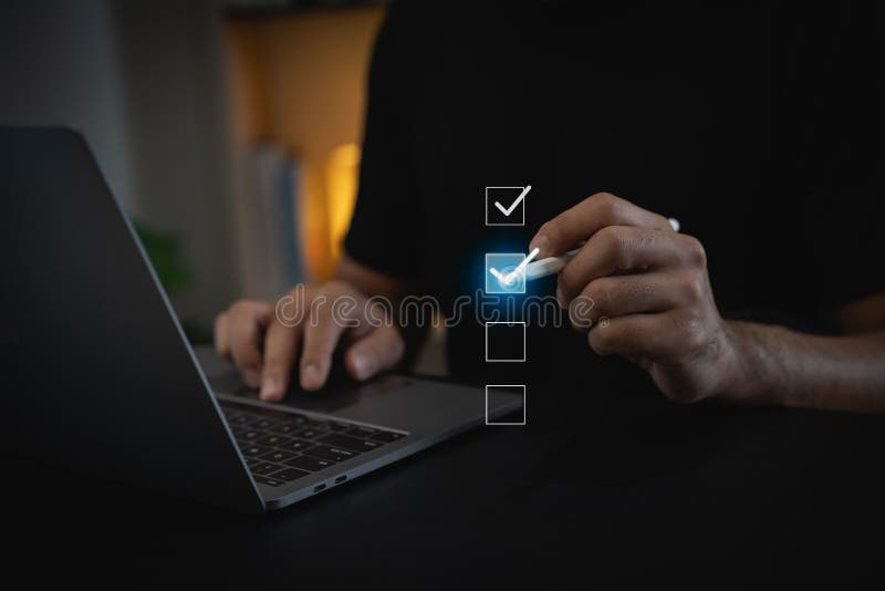 Businessman Using Digital Pen To Tick Correct Sign Mark in Virtual ...