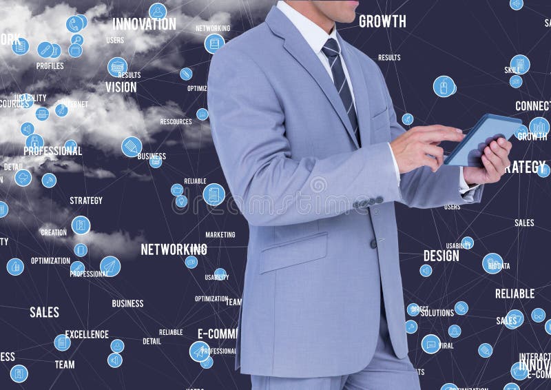 Businessman Using Digital Tablet Against Cloud Computing Icons Stock ...