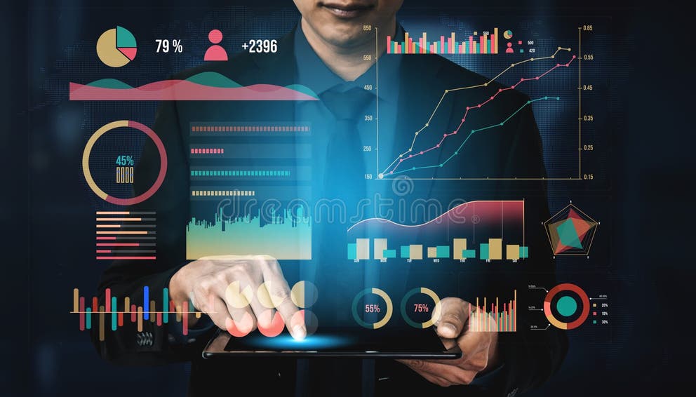 Businessman Using Digital Tablet with Data Visualization Charts and ...