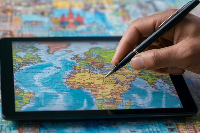 Businessman Using Digital Tablet with Global Map and Cityscape ...