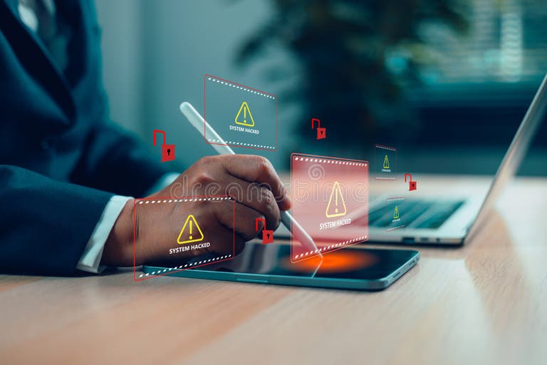 Businessman Using Digital Tablet with System Hacked Alert on Virtual ...