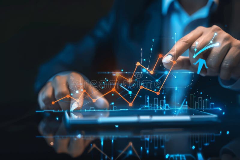 Businessman Using Digital Tablet To Analyze Cost Reduction Graph with ...