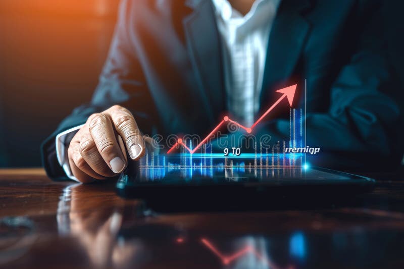 Businessman Using Digital Tablet To Analyze Cost Reduction Graph with ...