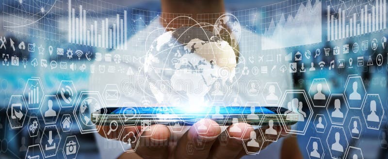 Businessman Using Digital Tactile Screen with Charts Stock Illustration ...