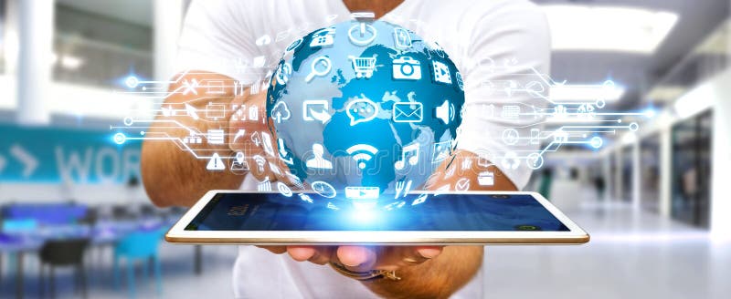 Businessman Using Digital World with Web Icons Stock Illustration ...