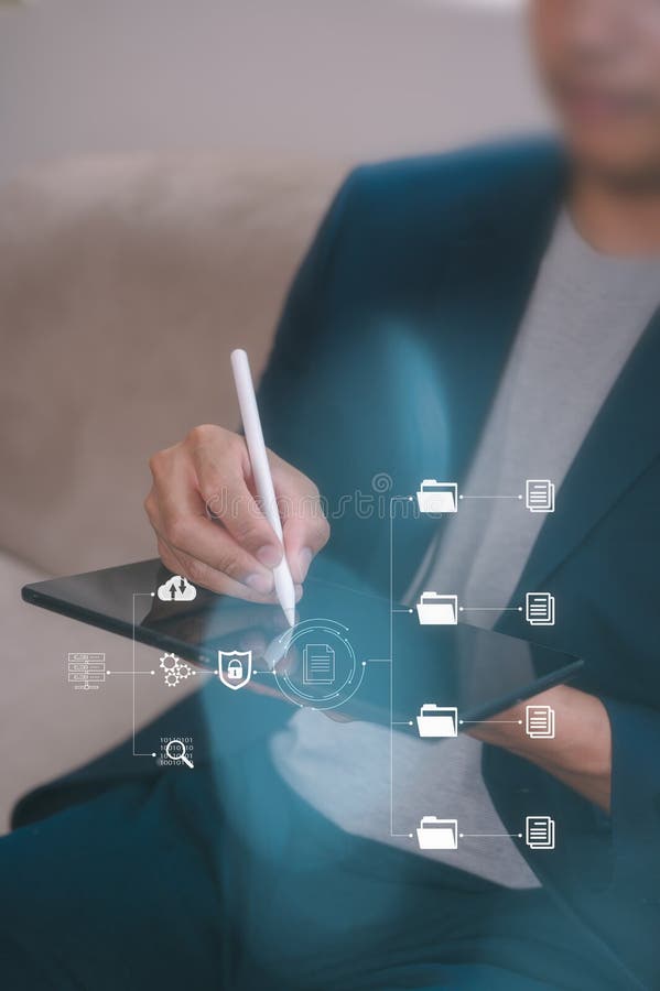Businessman Using Electronic Pen Working on Digital Tablet with Virtual ...