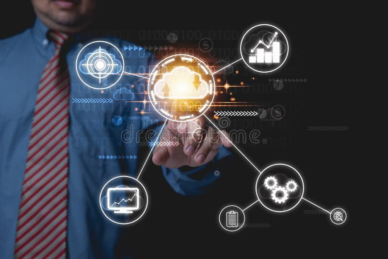 Businessman Using Finger Touch Screen at Virtual Cloud Technology for ...
