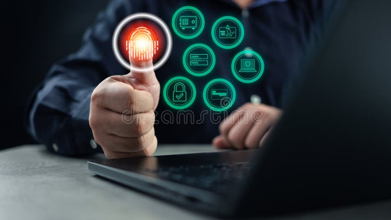 Businessman Using Fingerprint Scanning Unlock To Private Data, Finger ...