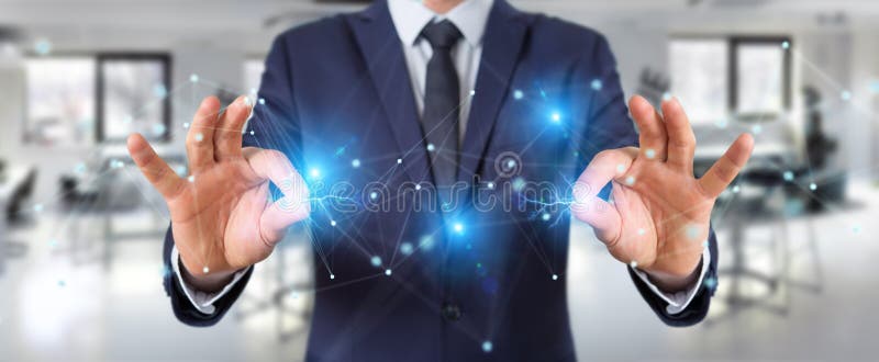 Businessman Using Futuristic Connection Interface 3D Rendering Stock ...