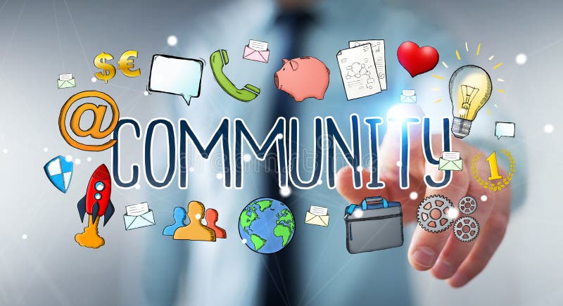 Businessman Using Hand-drawn Community Presentation Stock Illustration ...