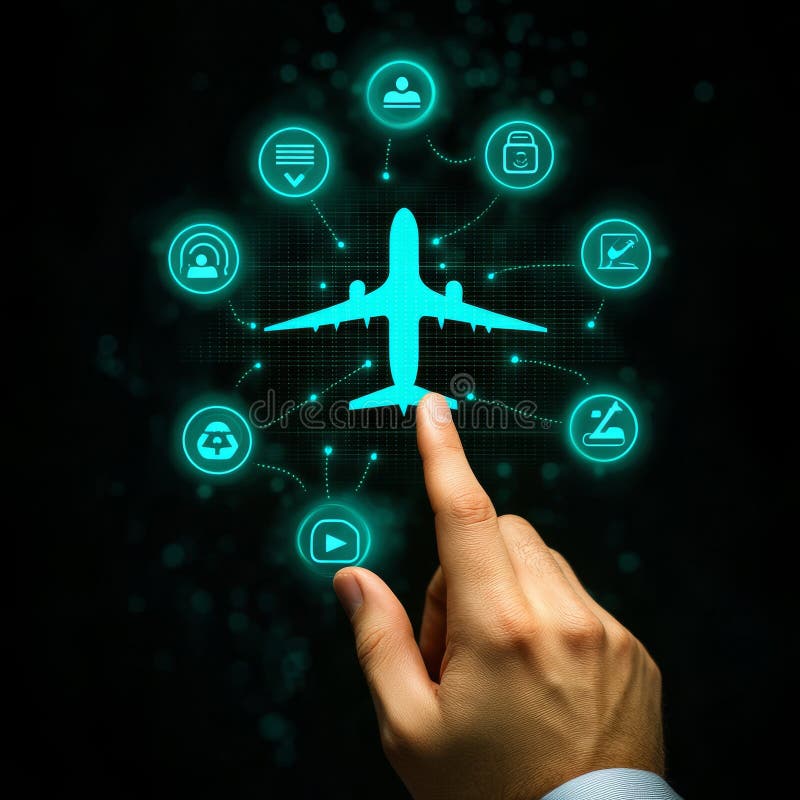 A Businessman Using a High-tech Interface that Displays Airline Network ...