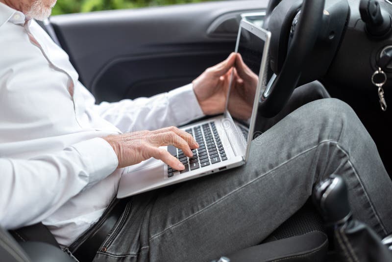 Businessman Using His Laptop in Car Stock Image - Image of computer ...