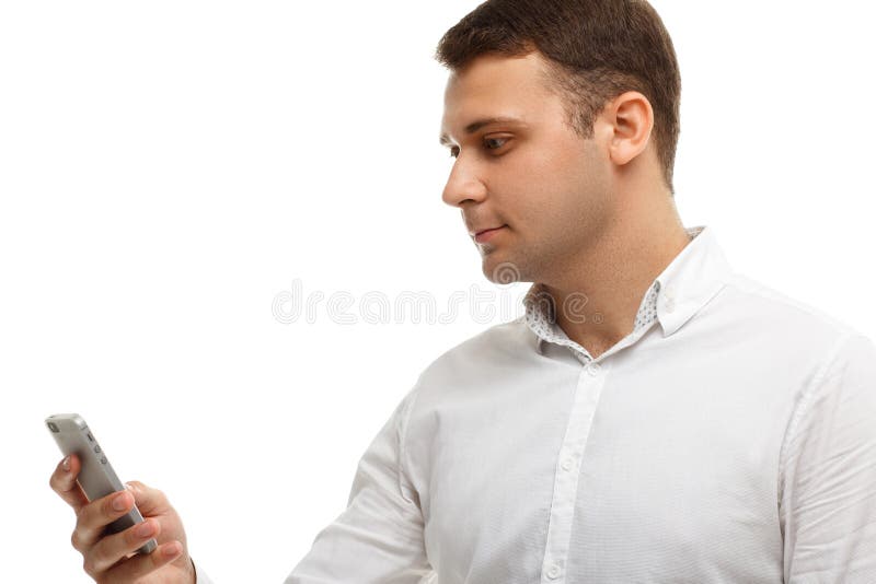 Businessman Using His Phone Isolated on White Stock Photo - Image of ...