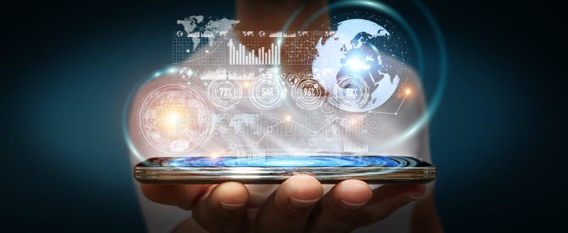 Businessman Using Hologram Screen with Digital Data Stock Illustration ...