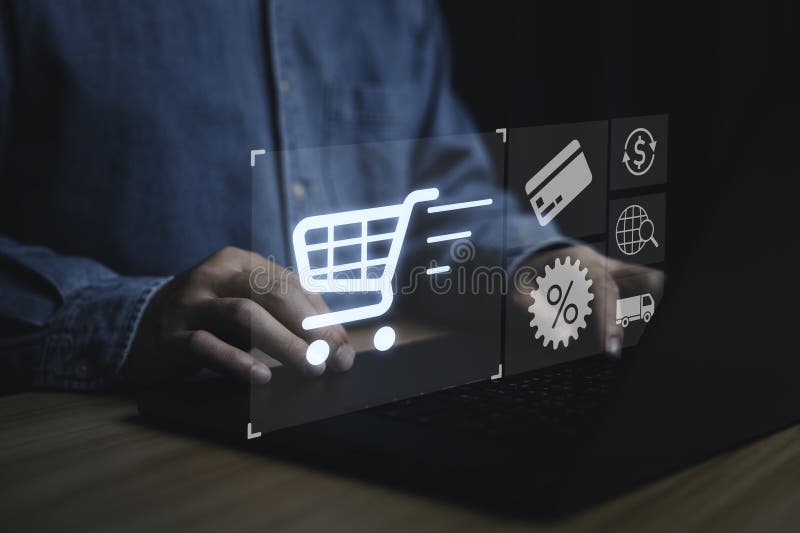 Businessman Using Lap Top Computer with Virtual Trolley Shopping Cart ...